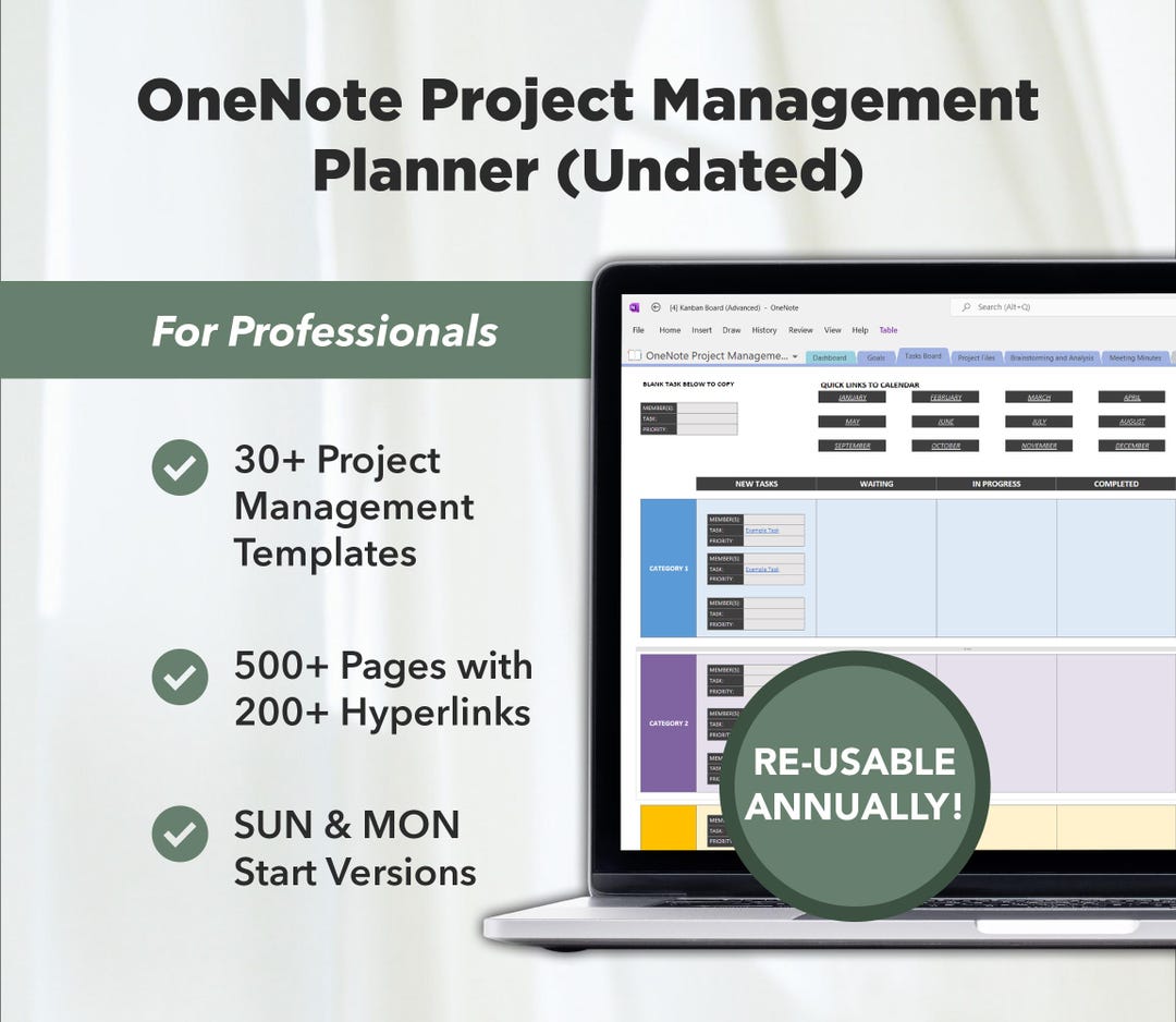 Project Management Onenote Digital Planner (undated SUN+MON Start ...