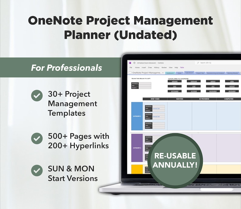 Project Management Onenote Digital Planner (undated SUN+MON Start ...