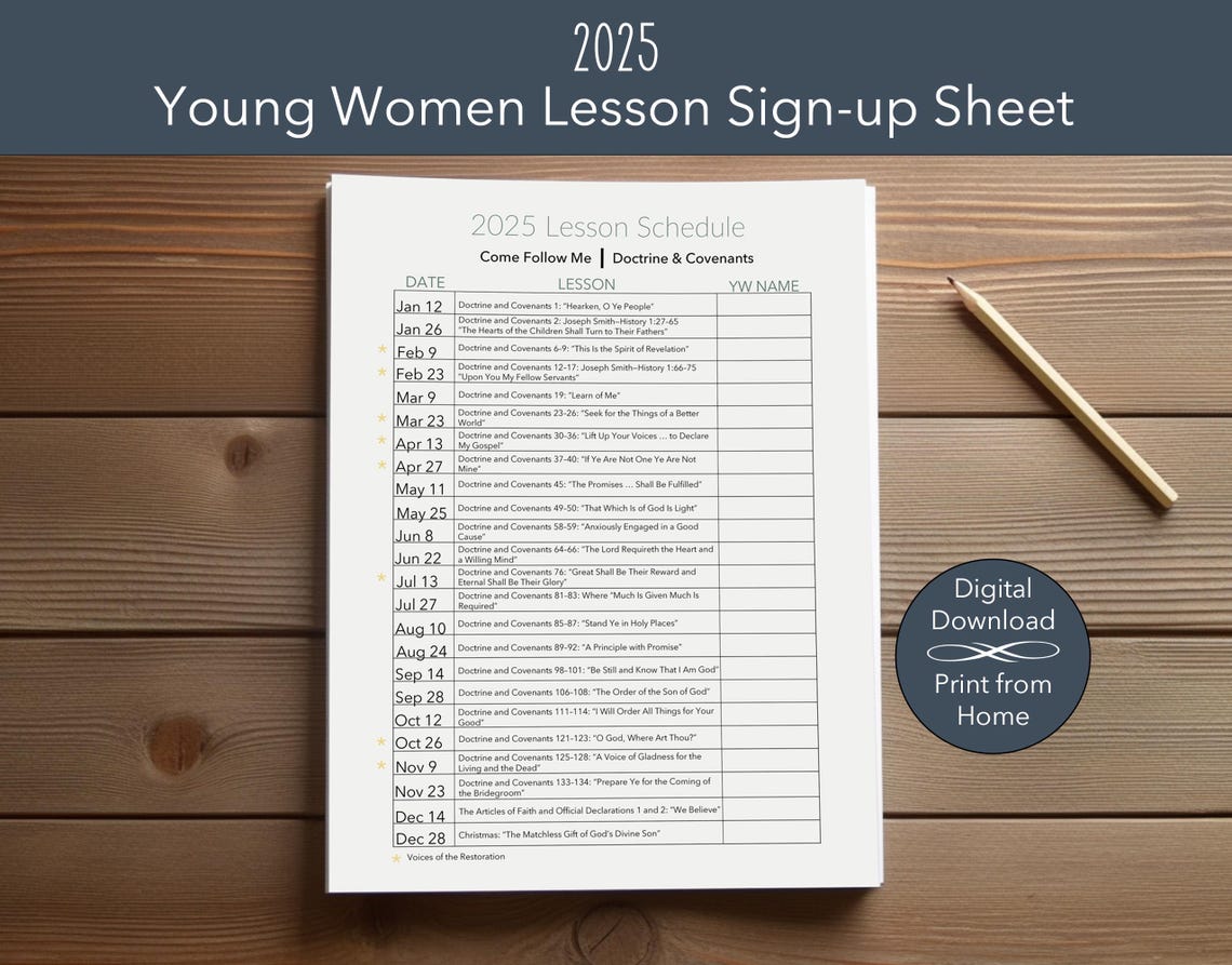 Young Women 2025 Come Follow Me Lesson Schedule Sign-up, LDS Young Women, Young Women Presidency ...