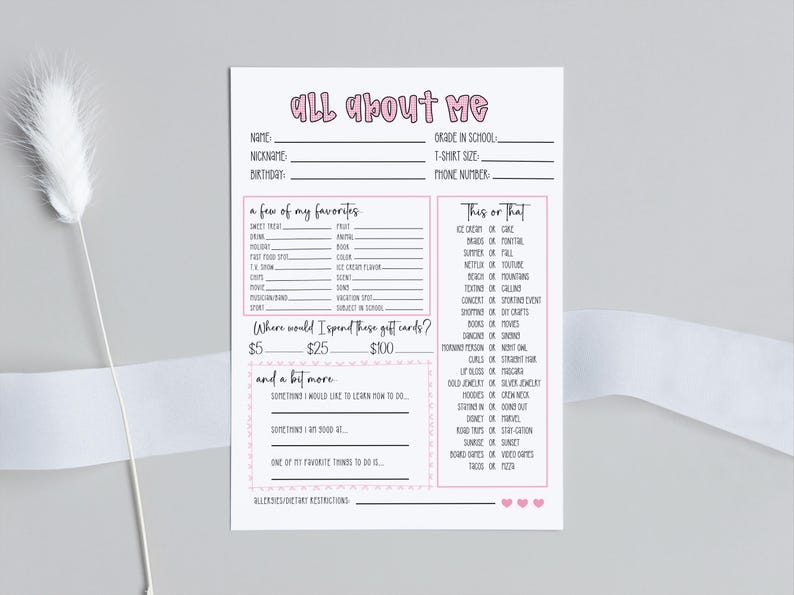 All About Me Questionnaire: Girls Camp Printable (PDF) - Etsy