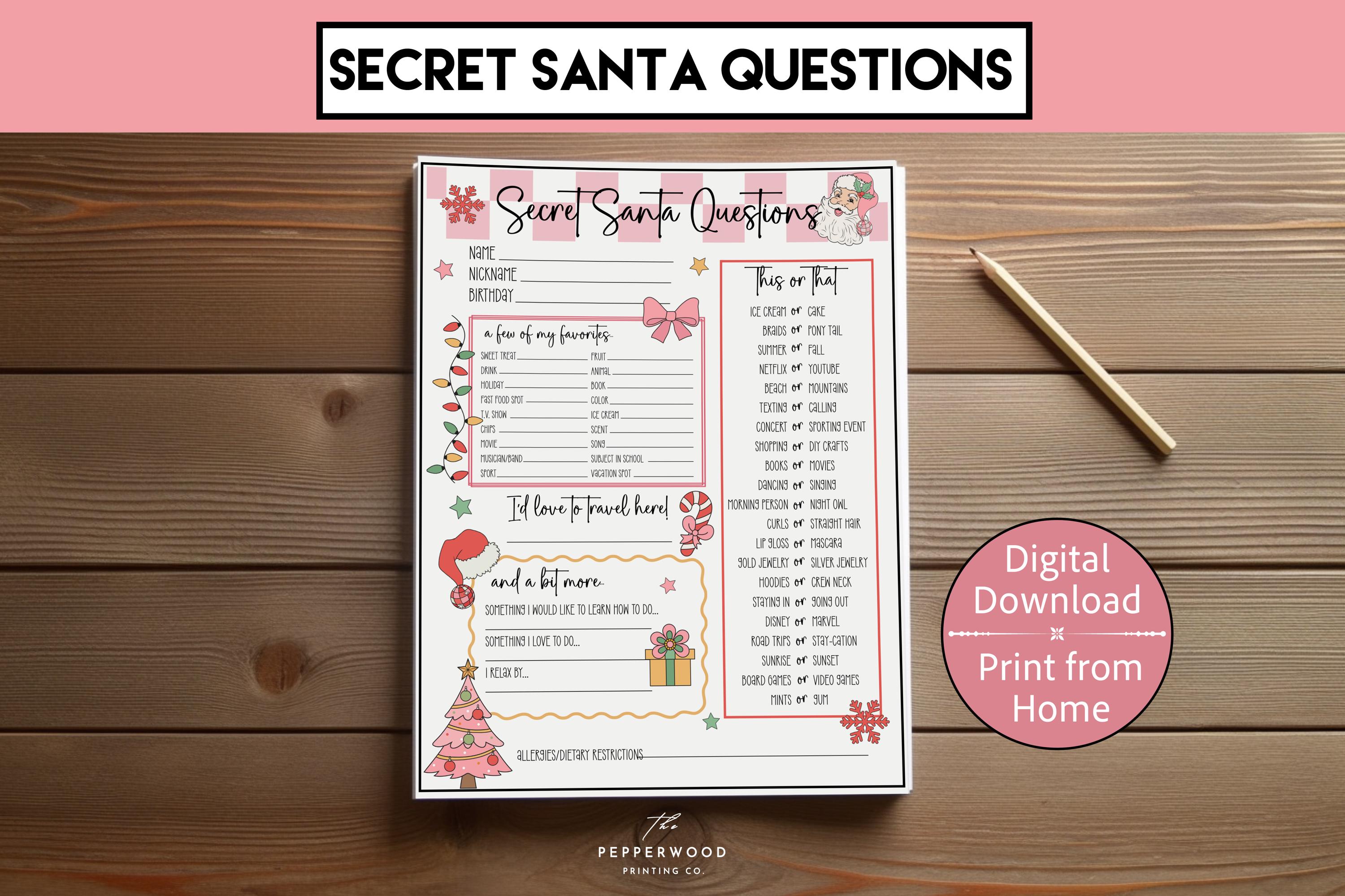 Secret Santa Questionnaire Printable, Christmas Gift Exchange (digital ...