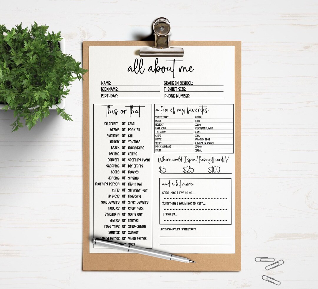 All About Me Questionnaire Printable, Favorite Things Survey, Getting ...