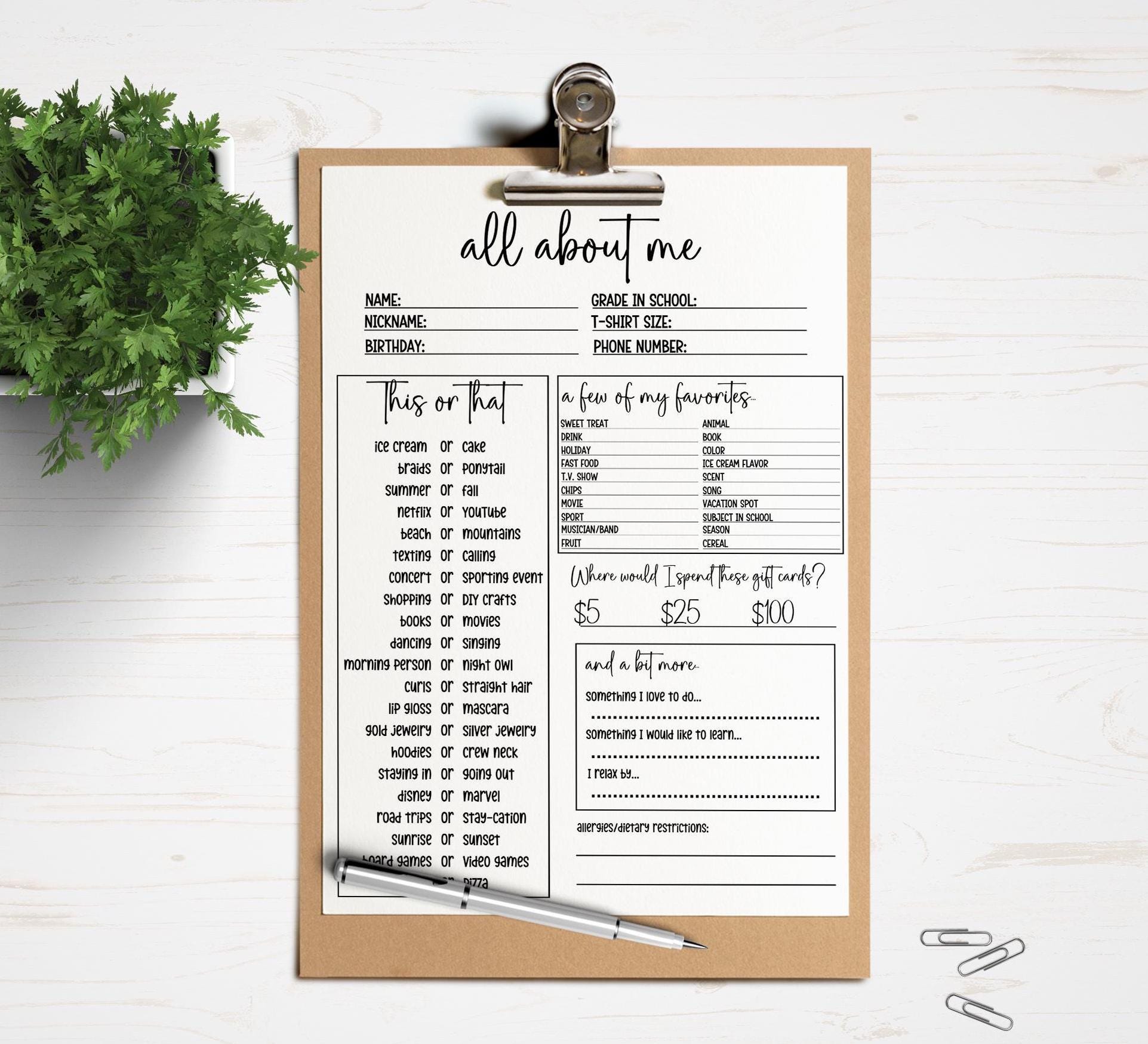 All About Me Questionnaire: Girls Camp Icebreaker Activity (PDF) - Etsy