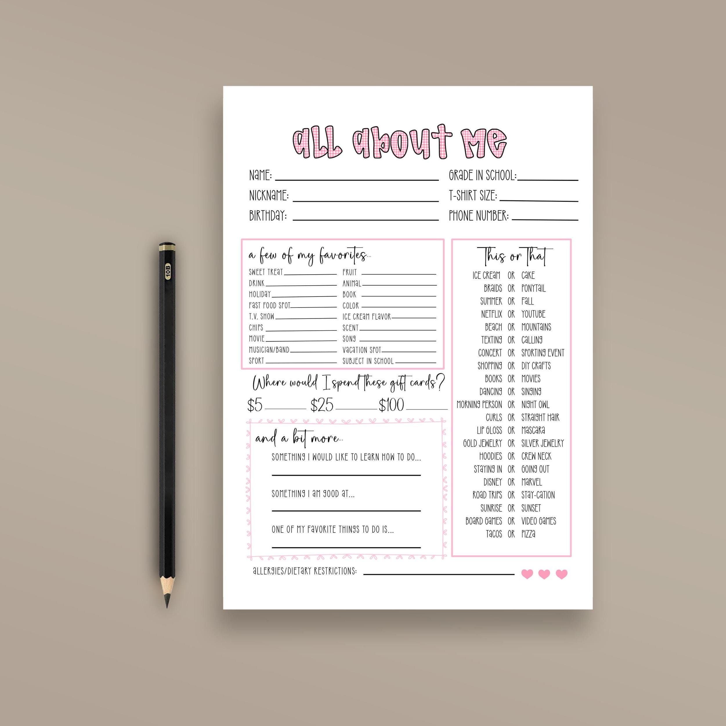 All About Me Questionnaire: Girls Camp Printable (PDF) - Etsy