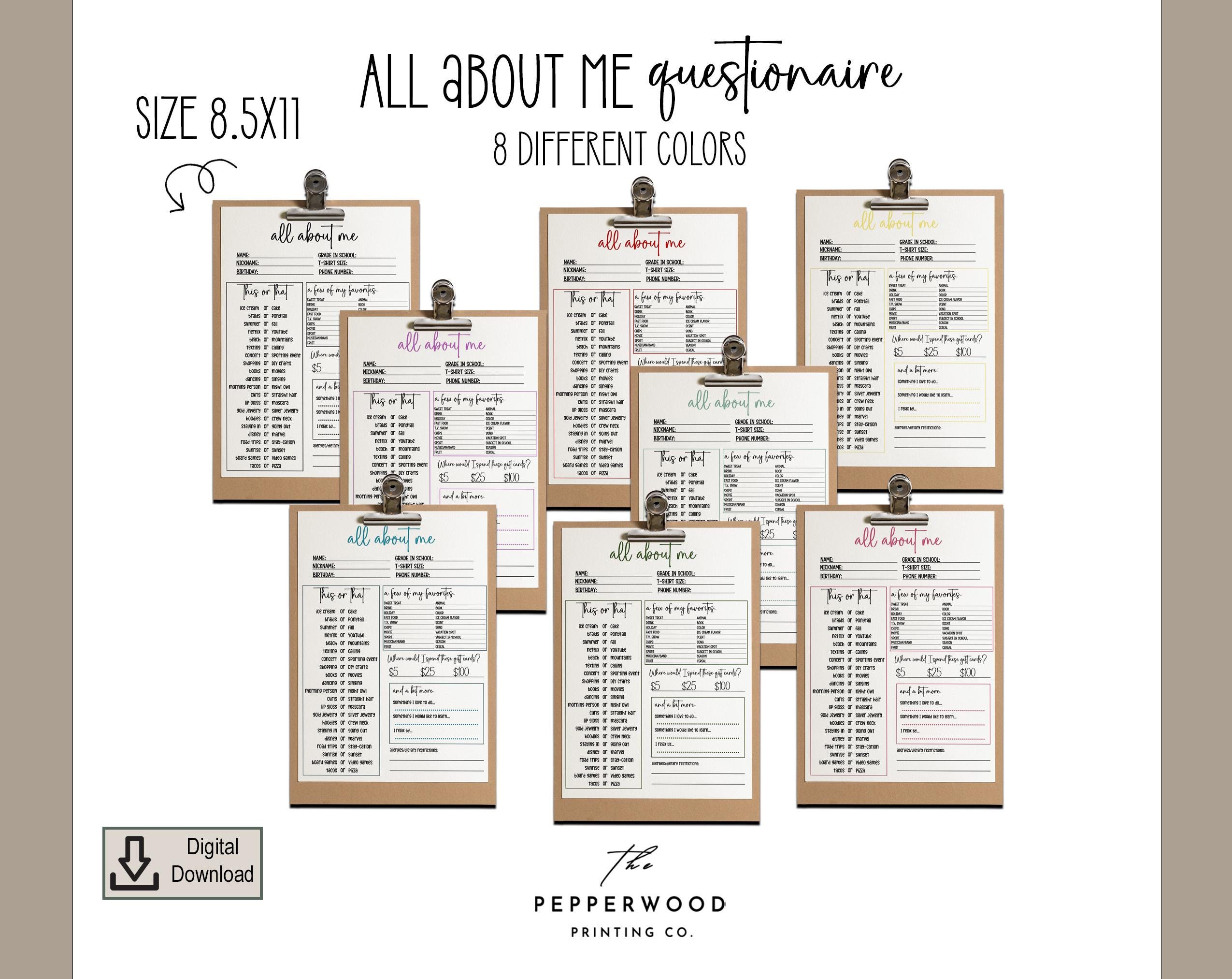 All About Me Questionnaire: Girls Camp Icebreaker Activity (PDF) - Etsy
