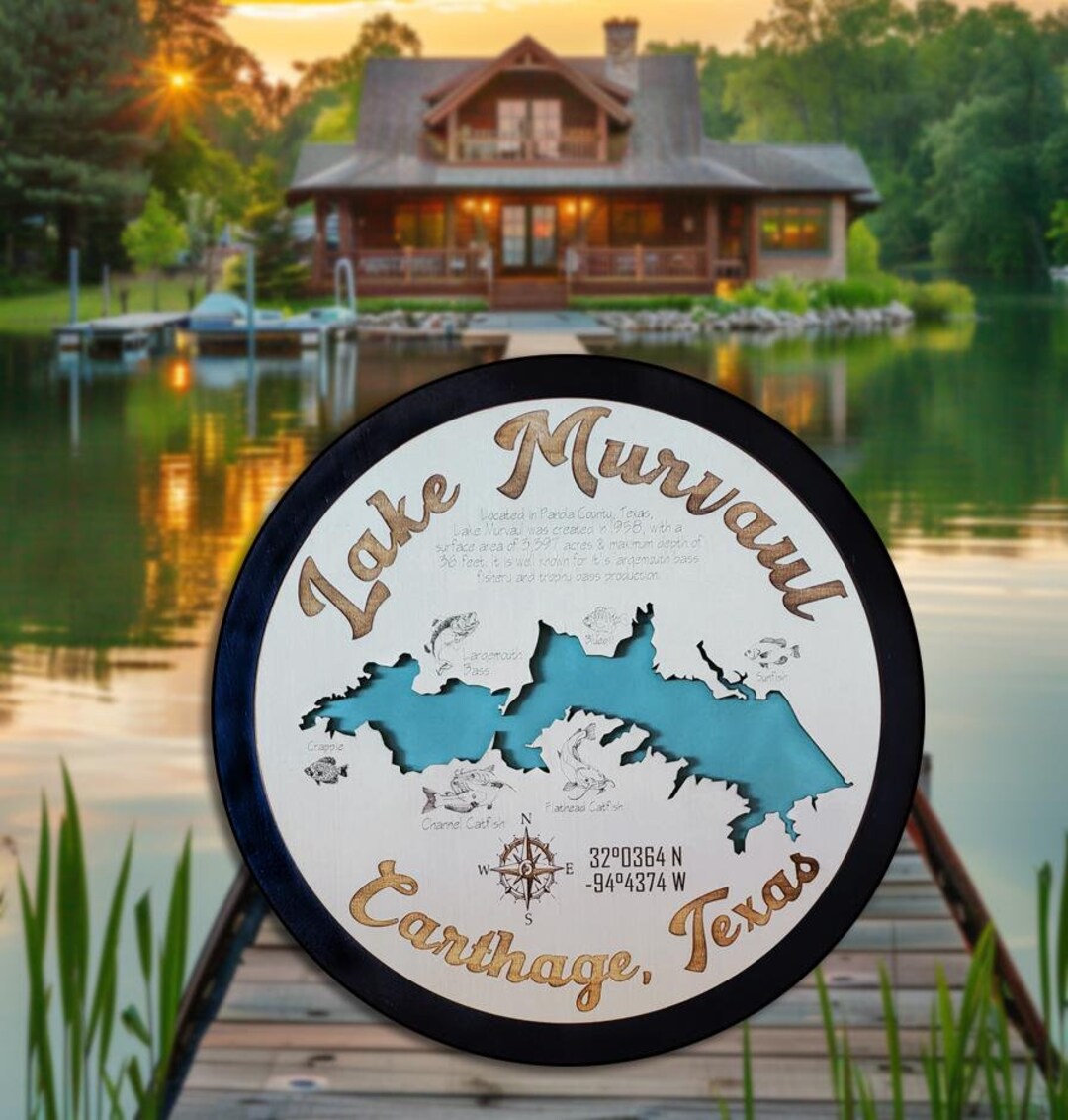 Lake Fish Info Custom 3D Lake Art Map Round Wood Sign Fathers Day ...