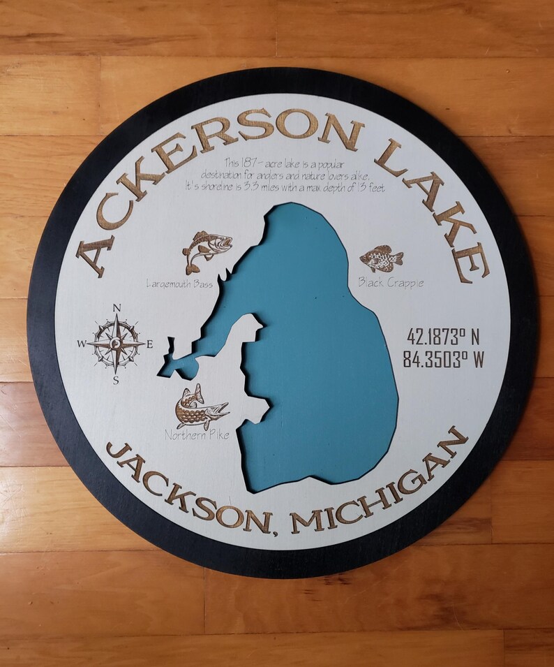 Detailed Fish Info Custom 3D Lake Art Map Round Wood Gift Sign, Wall ...
