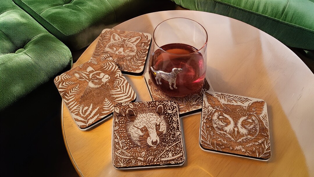 Wildlife Coasters Engraved Animal Art, Owl Bear Crow Fox Rabbit Hare ...