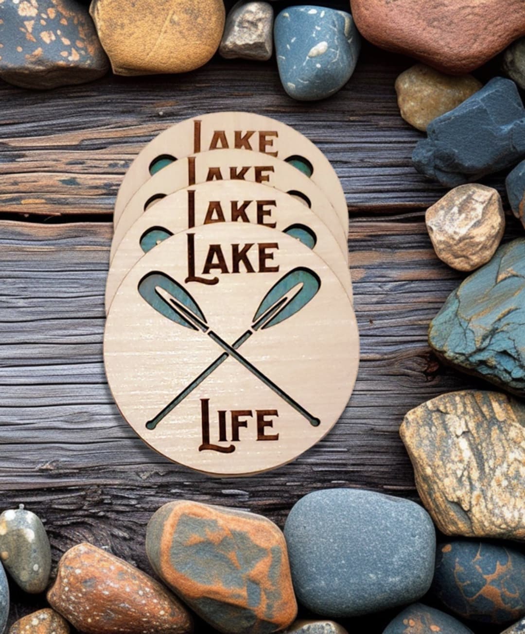 Set of 4 Lake Life Wood Coasters, Lakehouse Houseboat Party Decor ...