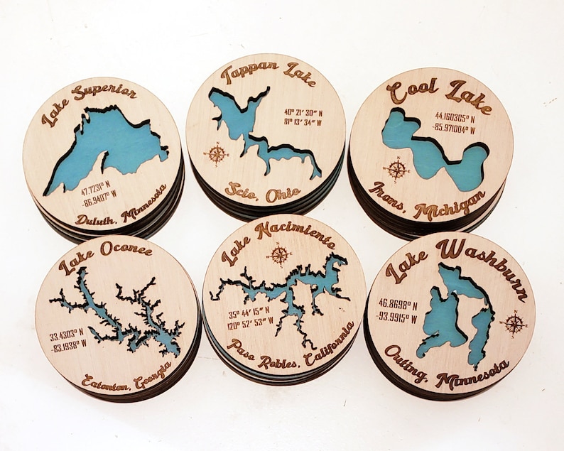 4 Custom Engraved 3D Lake Map Wood Beverage Coasters, Lake House Decor ...
