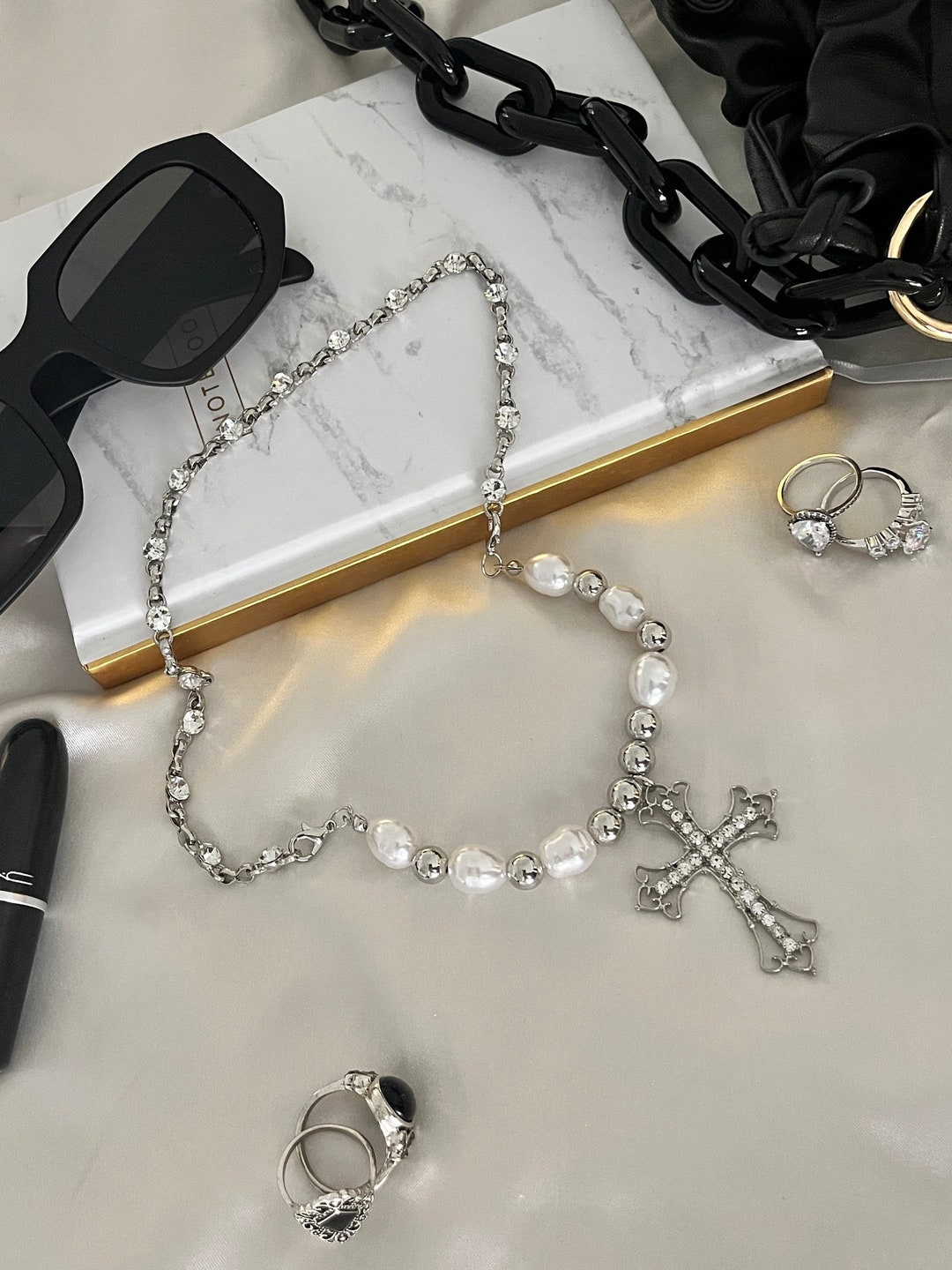 Rhinestone Necklace, Pearl Necklace, Cross Pendant Necklace, Christian ...