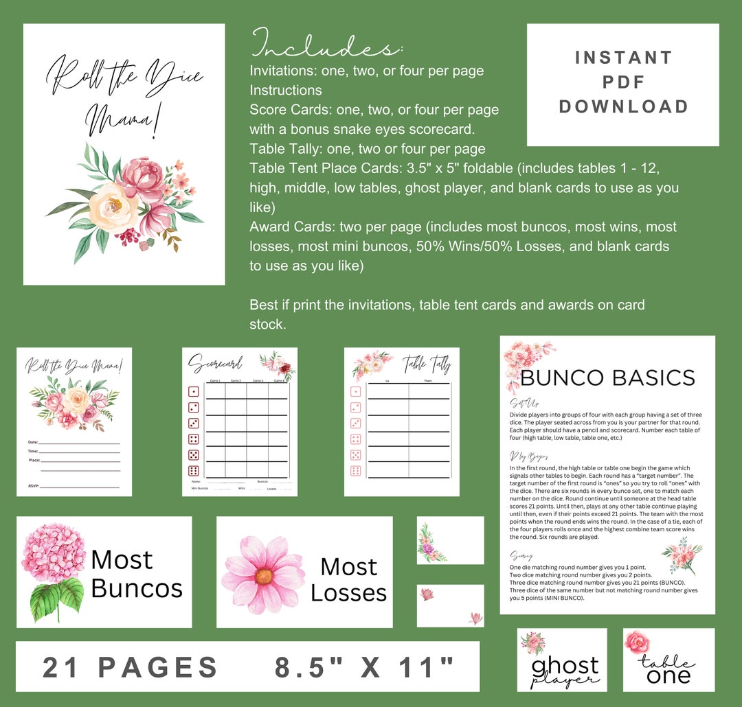 Mothers Day Bunco, Bunco Party, Floral, Party Games, Water Color, Dice ...