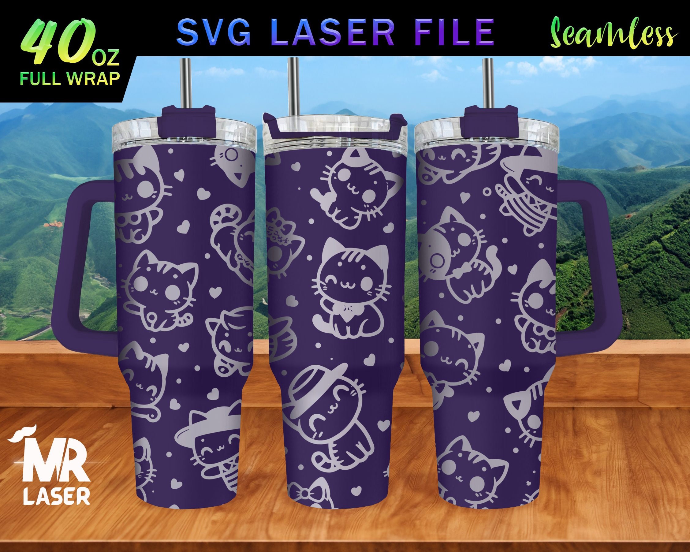 Cute Cat V2 Laser Engraved Full Wrap Design for 40oz Tumbler, Cute Cat ...