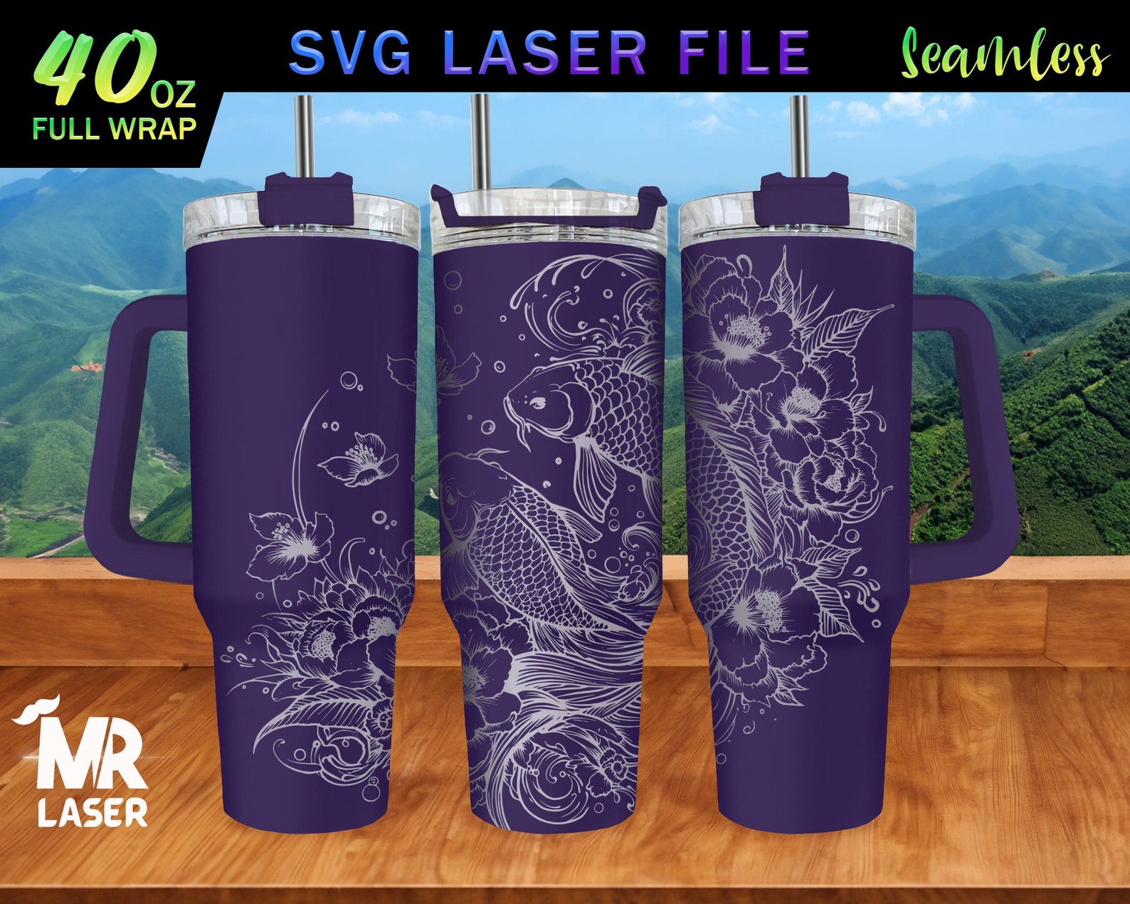 Koi Fish Laser Engraved Full Wrap Design for 40oz Tumbler, Fish SVG ...