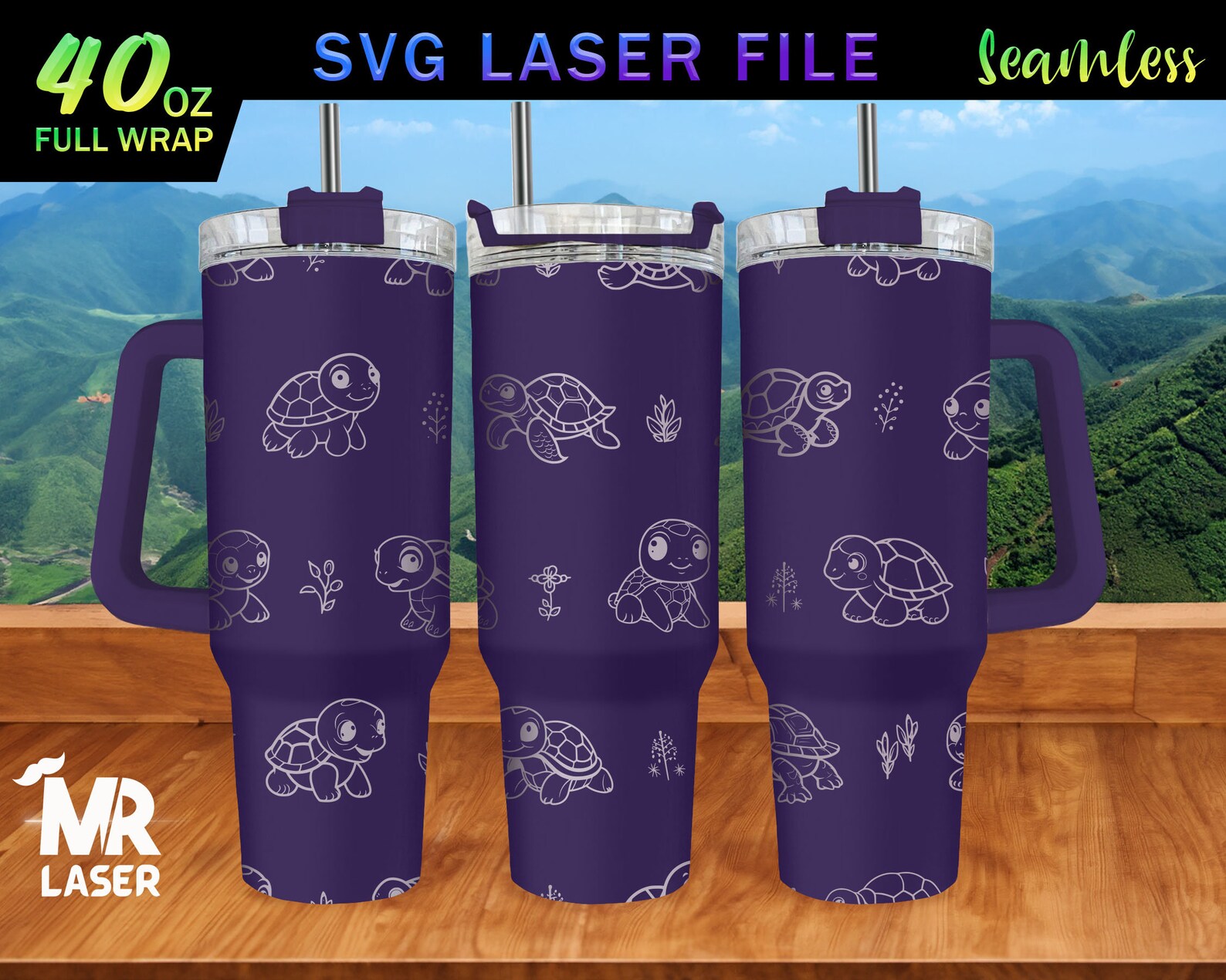 Cute Turtle Laser Engraved Full Wrap Design for 40 Oz Tumbler, Cute ...