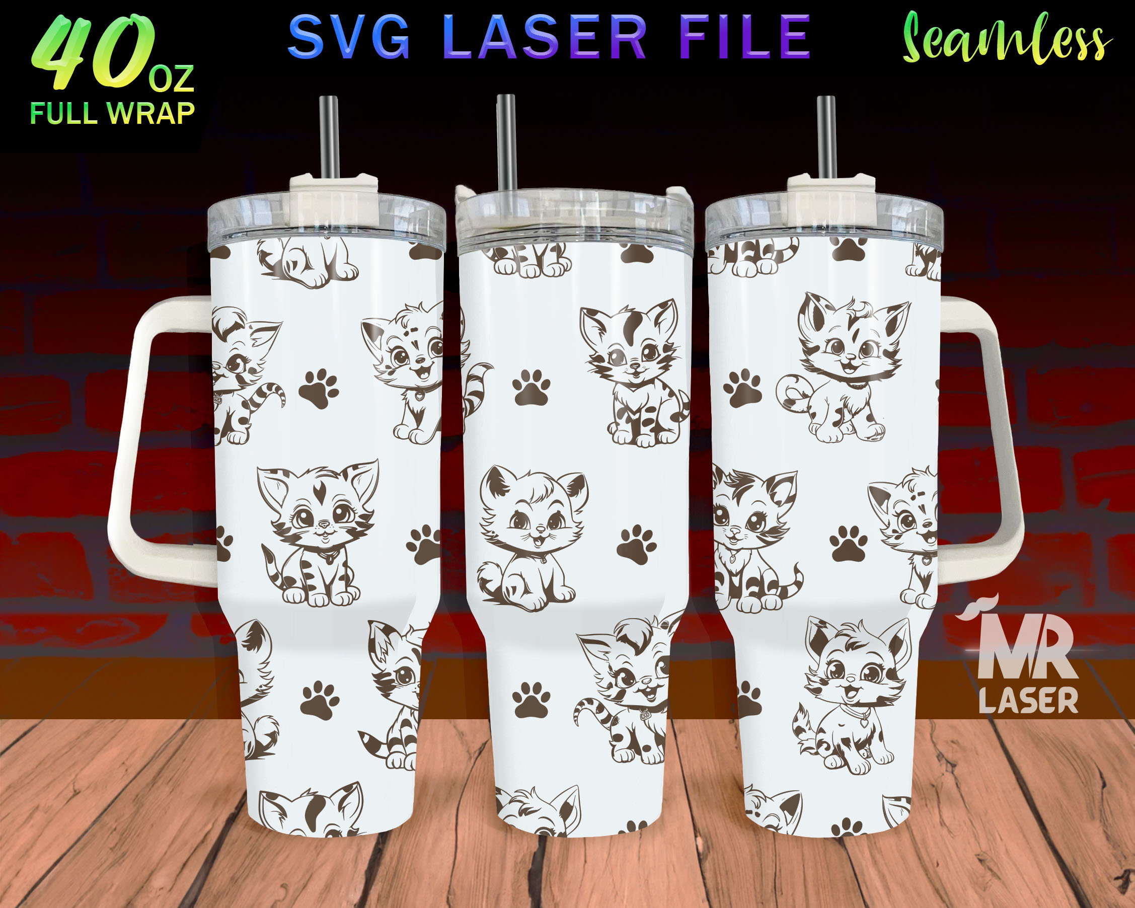 Cute Cat Laser Engraved Full Wrap Design for 40oz Tumbler, Cute Cat SVG ...
