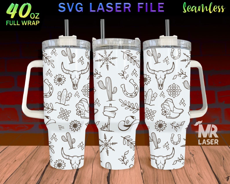 Western Laser Engraved Full Wrap Design for 40 Oz Tumbler, Western Doodle SVG Laser File ...