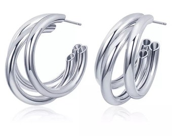 Chunky Triple Silver Hoops Triple Earrings Silver Medium - Etsy