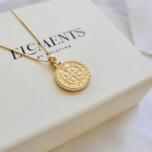 Saint Benedict Coin Necklace. Gold Filled Medallion Necklace. Cross ...