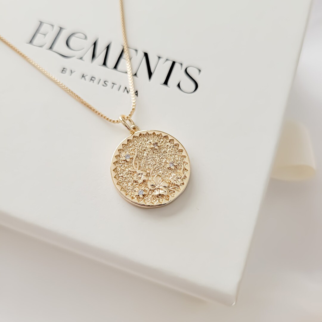 Gold Filled Cherry Blossom Medallion Necklace. Minimalist Flower Coin ...