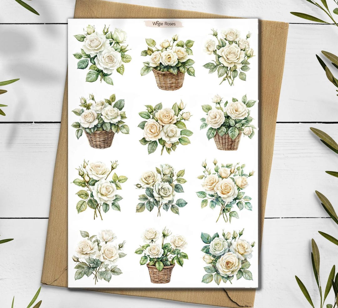 White Roses Sticker Pack: Floral Bouquet, Scrapbooking - Etsy