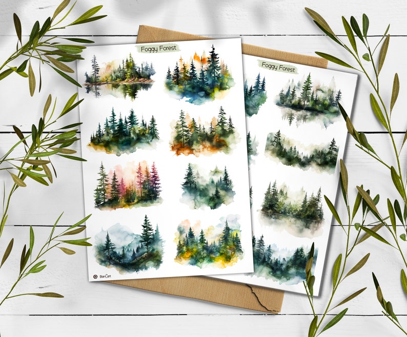 Foggy Forest Sticker Sheet: Watercolor Woodland Landscape Stickers - Etsy