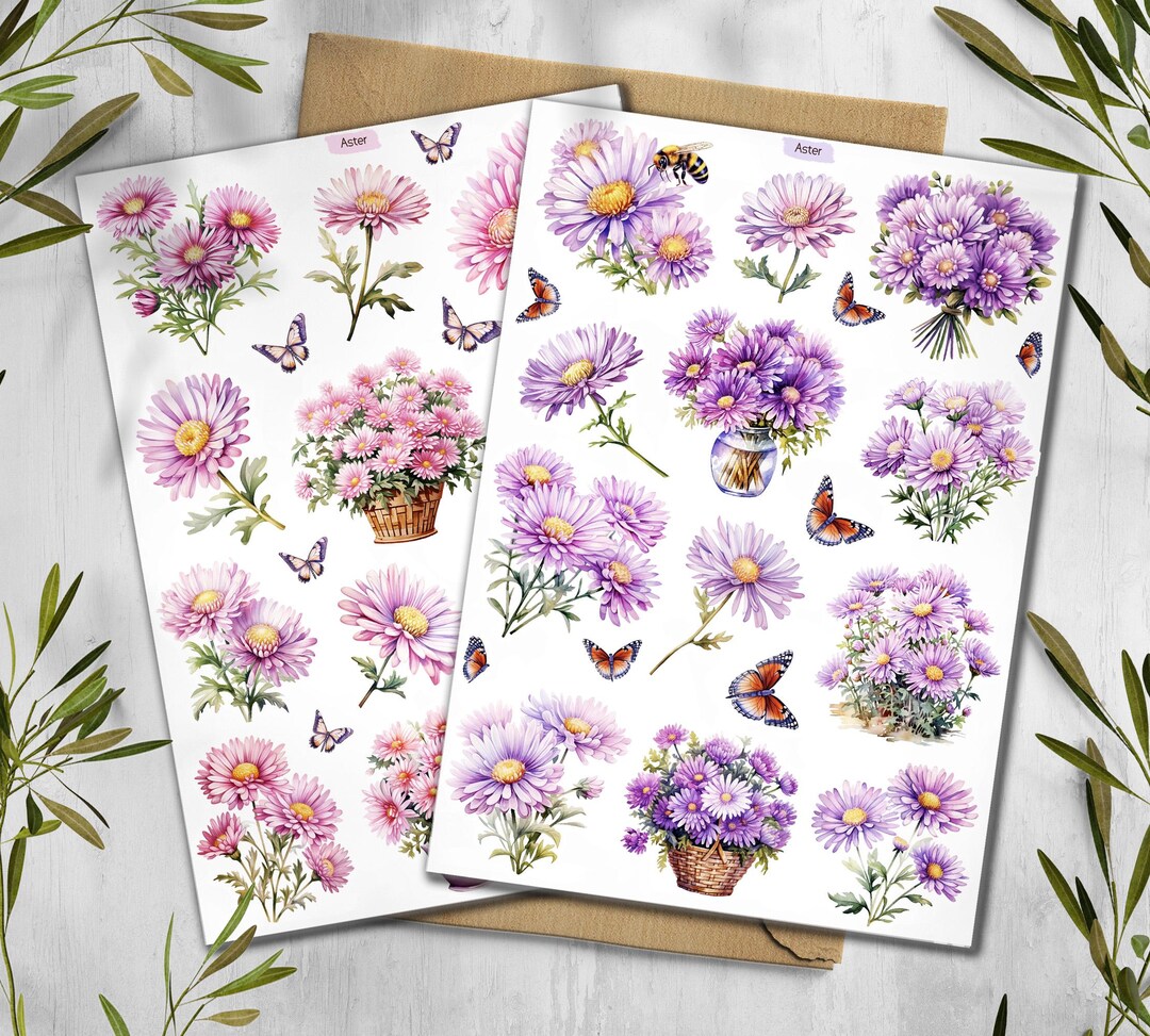 Aster Flower Sticker Pack: Botanical Scrapbooking, Planner Stickers - Etsy