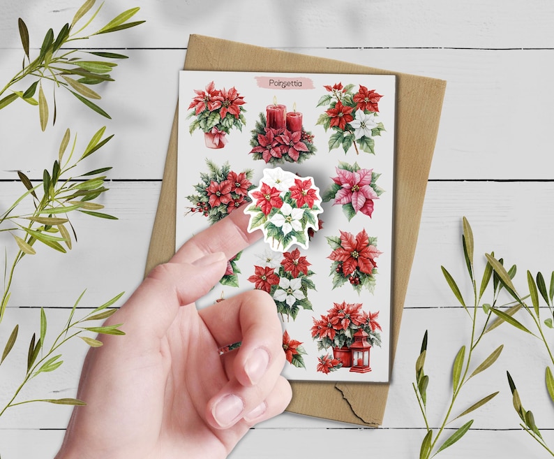 Poinsettia Christmas Stickers. Christmas Star Stickers. Winter Holiday ...