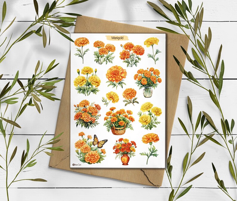 Marigold Stickers. Marigold Flowers Sticker. Wildflowers Sticker Pack ...