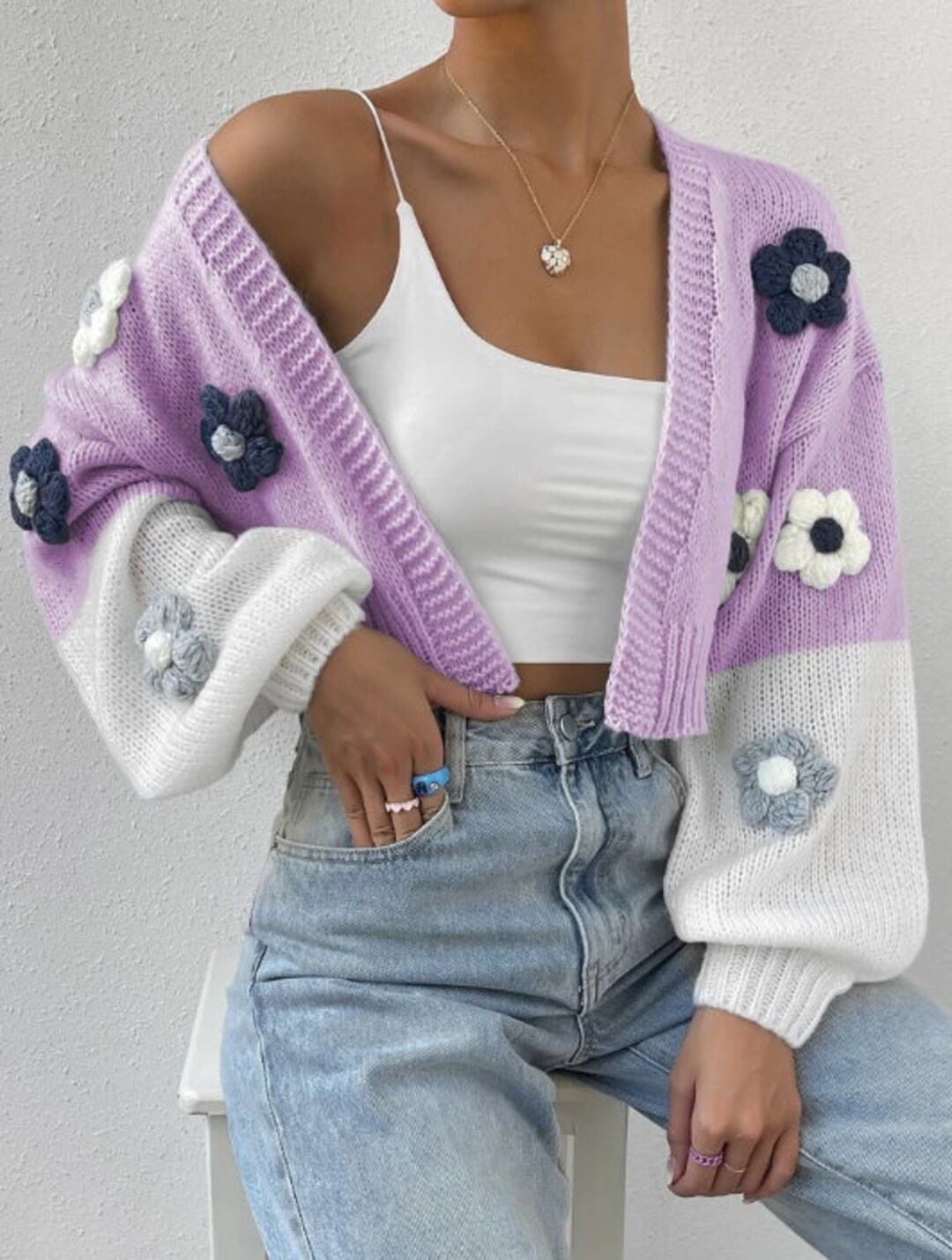 Chunky Flower Cardigan Floral Knit Sweater , Oversized Daisy Cropped ...