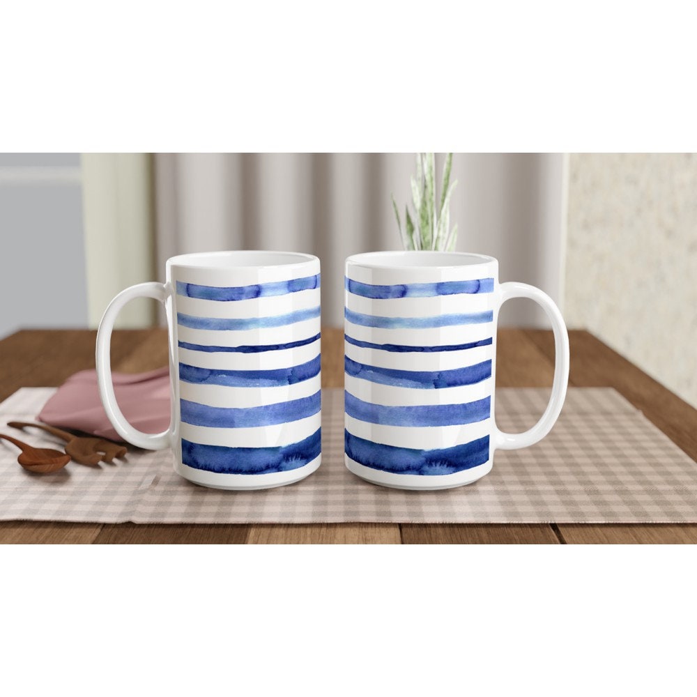 Indigo Blue Mug Maritime Mug Seaside Mug Striped Mug 15oz - Etsy