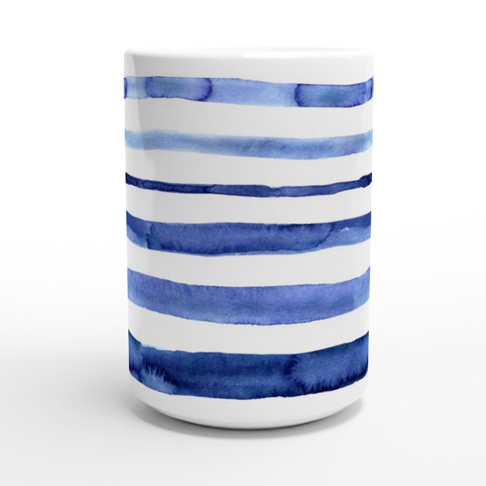 Indigo Blue Mug, Maritime Mug, Seaside Mug, Striped Mug, 15oz Ceramic ...