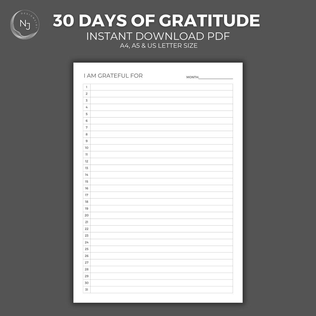 Minimal One-page Monthly Gratitude Journal, Printable Pdf, 30 Days of ...