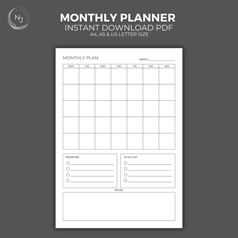 Minimal Undated Monthly Plan Printable, Monthly Planner, Month at A ...