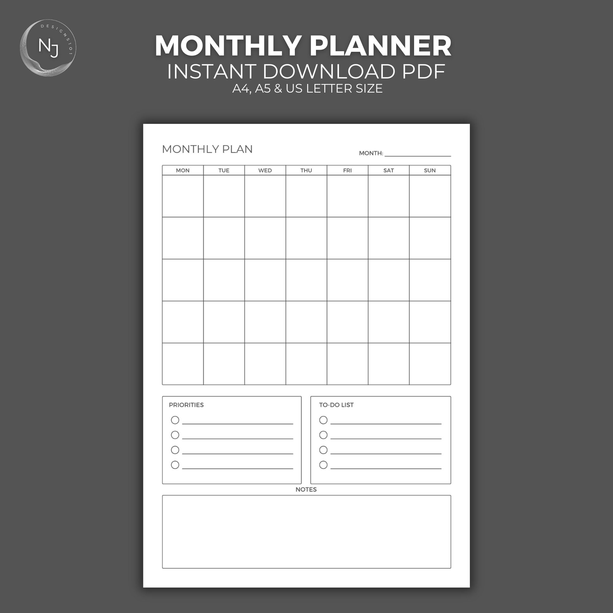 Minimal Undated Monthly Plan Printable, Monthly Planner, Month at A ...