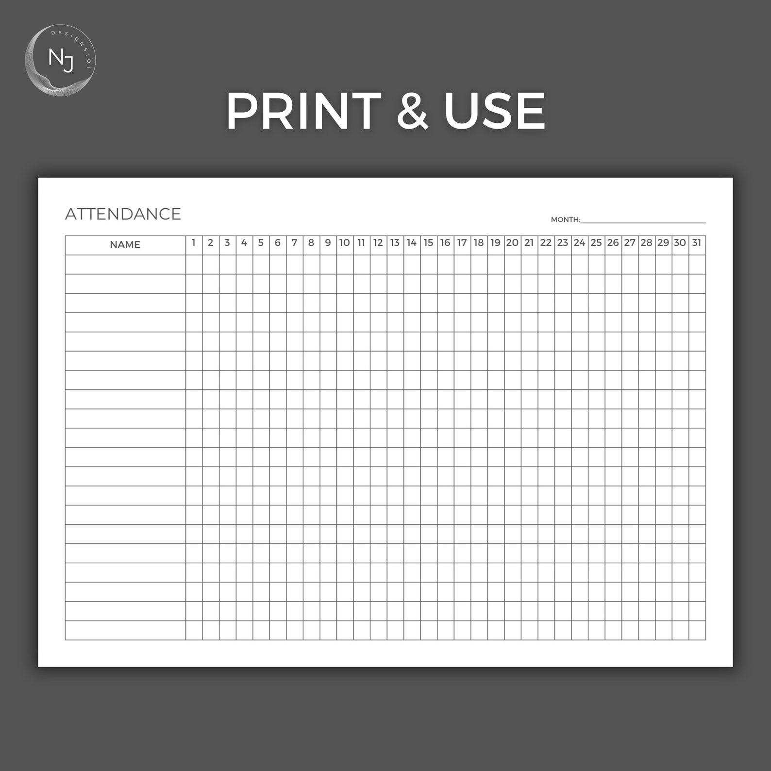 Minimal Monthly Attendance Log Printable, Landscape, Attendance Tracker ...