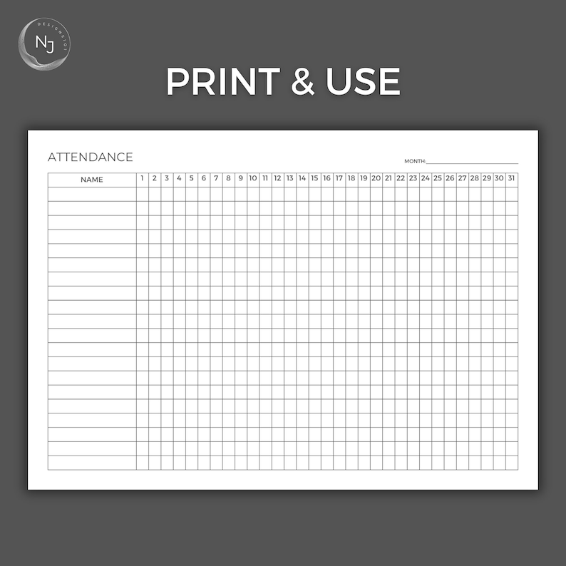 Minimal Monthly Attendance Log Printable, Landscape, Attendance Tracker ...