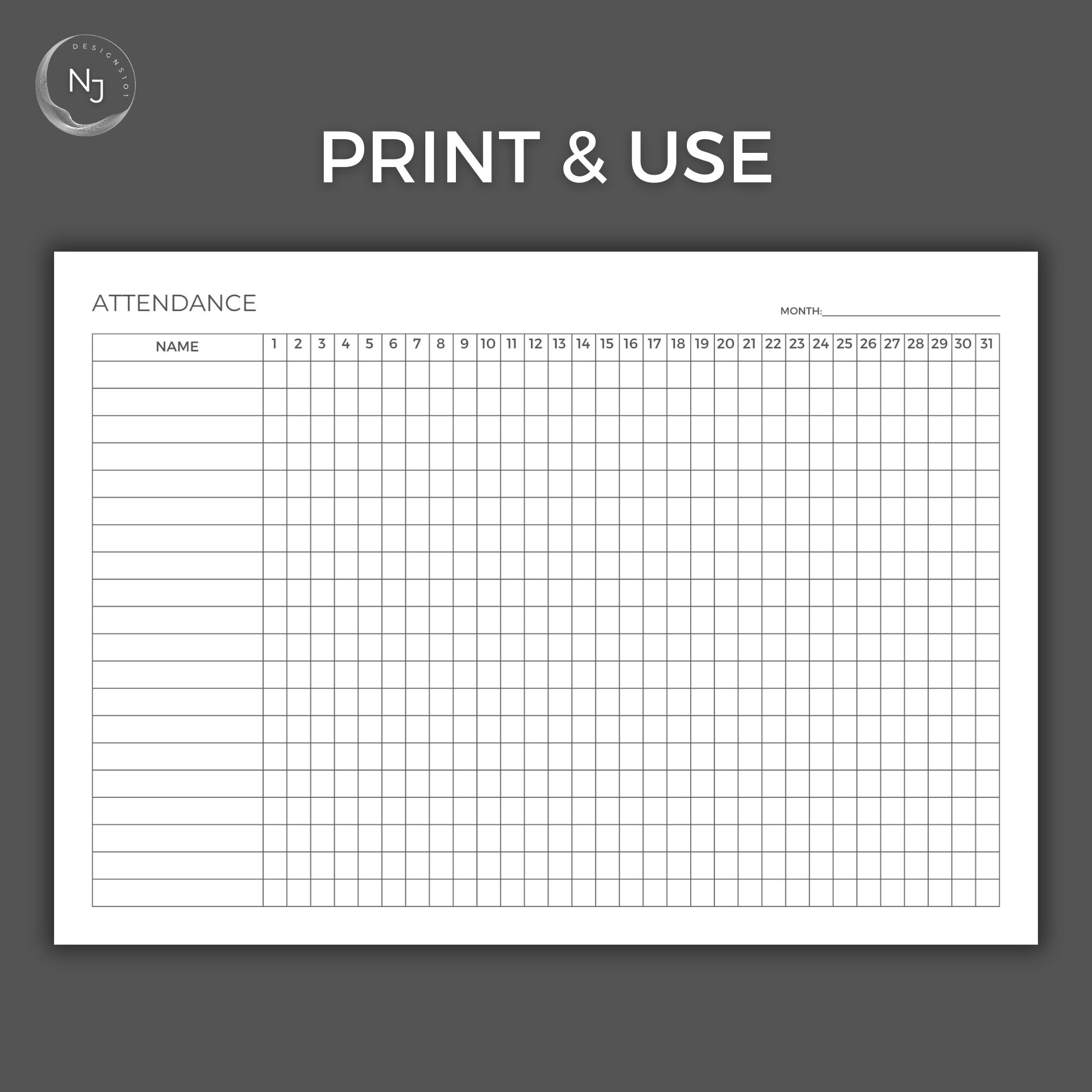 Minimal Monthly Attendance Log Printable, Landscape, Attendance Tracker ...