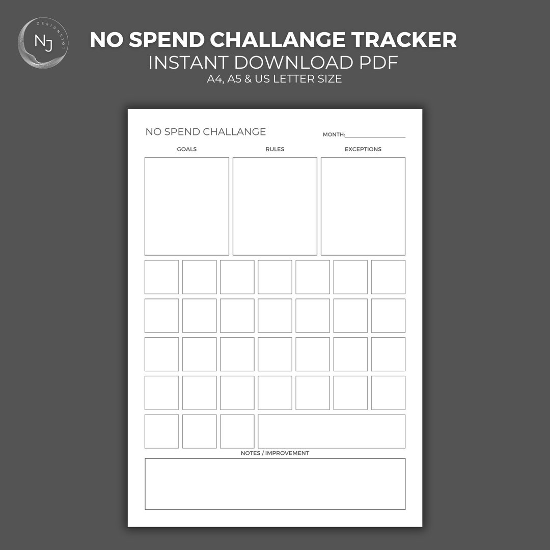 Minimal One-page No Spend Challenge Tracker Printable, No Spend Savings ...
