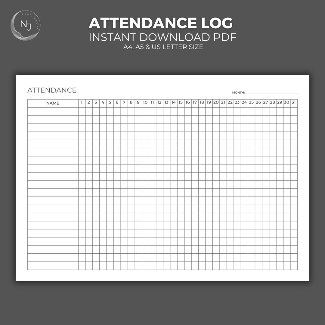 Minimal Monthly Attendance Log Printable, Landscape, Attendance Tracker ...