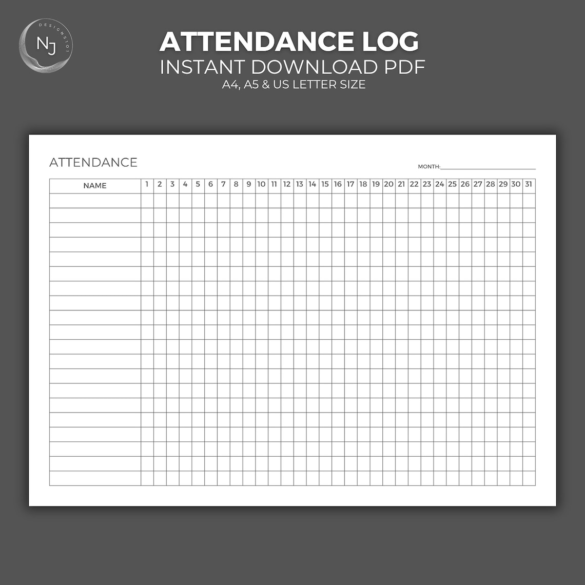Minimal Monthly Attendance Log Printable, Landscape, Attendance Tracker ...