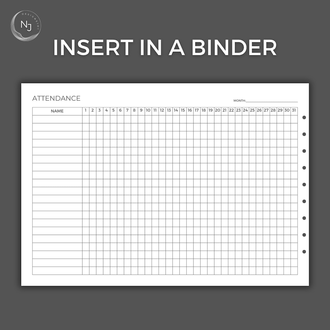Minimal Monthly Attendance Log Printable, Landscape, Attendance Tracker ...