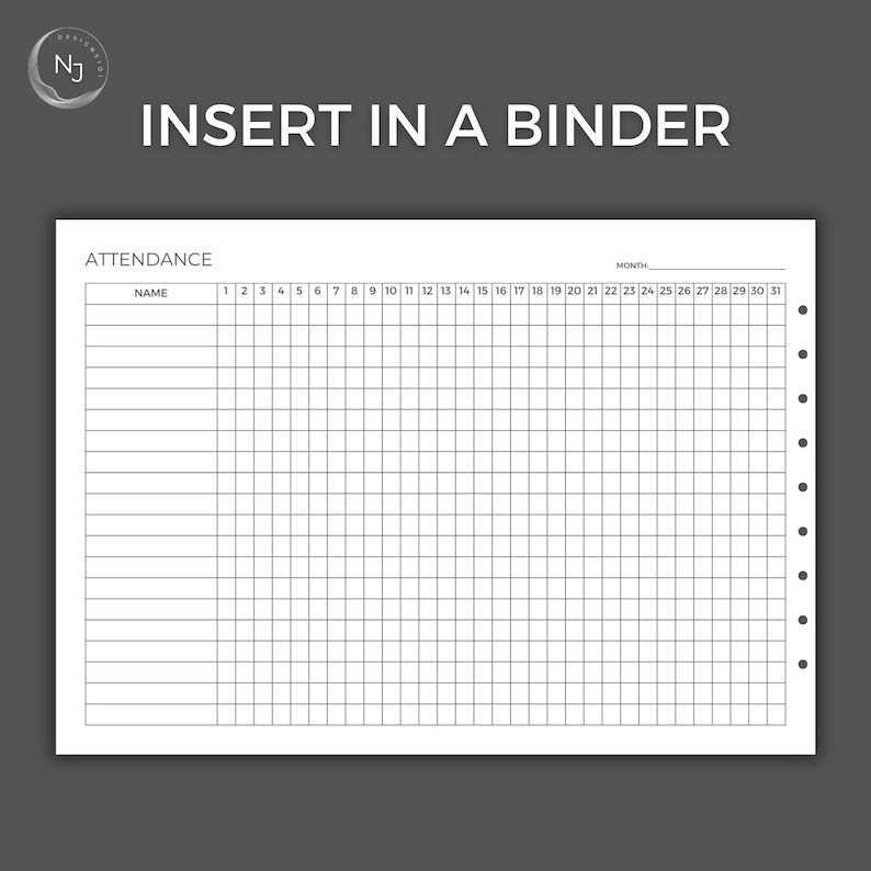 Minimal Monthly Attendance Log Printable, Landscape, Attendance Tracker ...