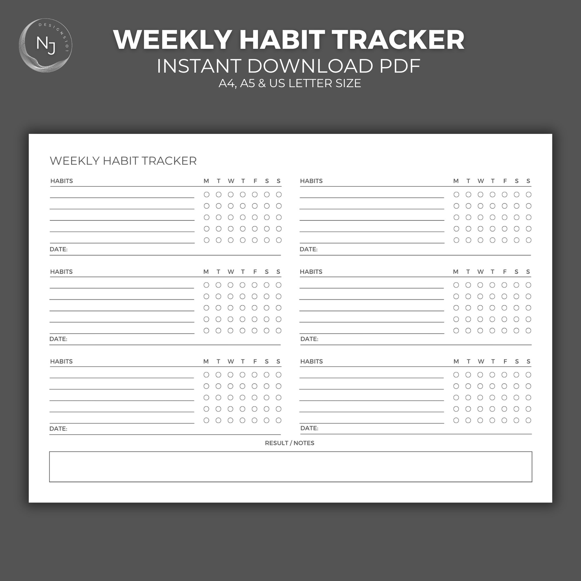 Minimal Weekly Habit Tracker, Printable, Landscape, Routine Tracker, 7 ...