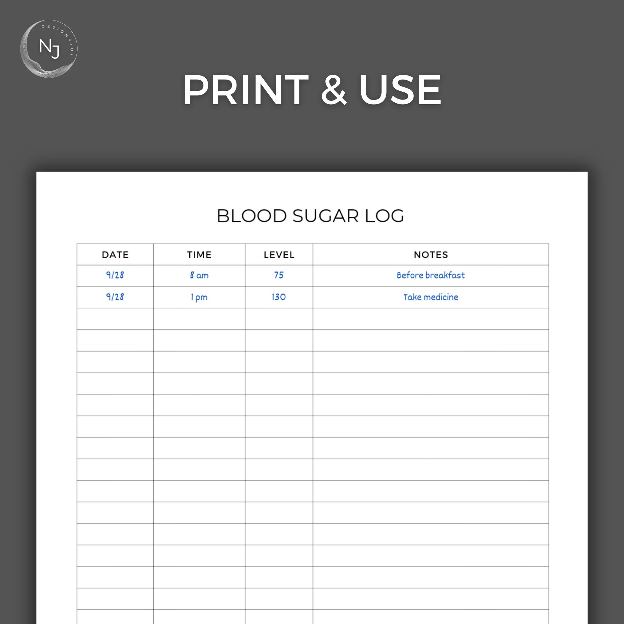Minimal Blood Sugar Log Printable, Blood Sugar Tracker, Diabetes Log ...