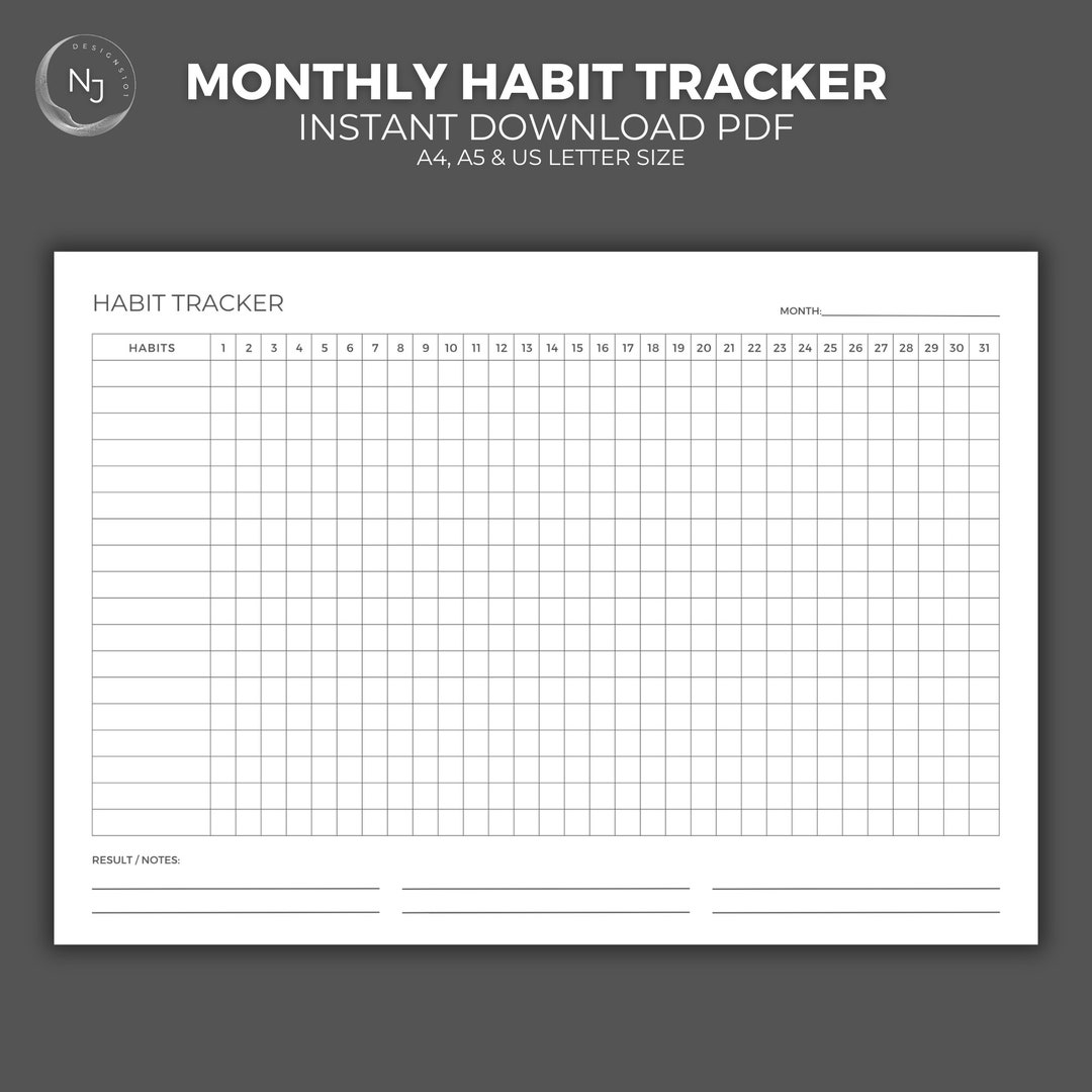 Minimal Monthly Habit Tracker Printable, Landscape, A4, A5, Letter ...