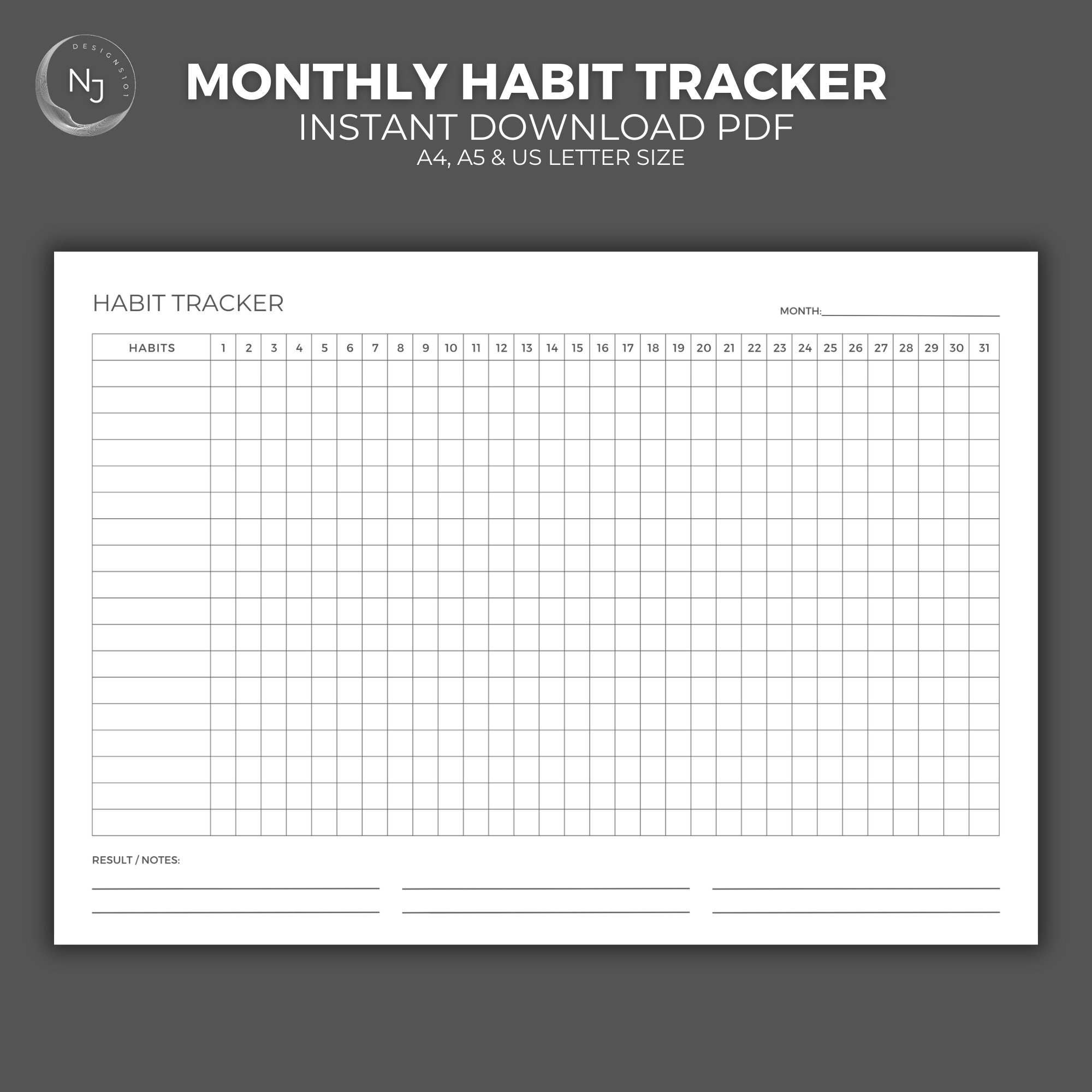 Minimal Monthly Habit Tracker Printable, Landscape, A4, A5, Letter ...