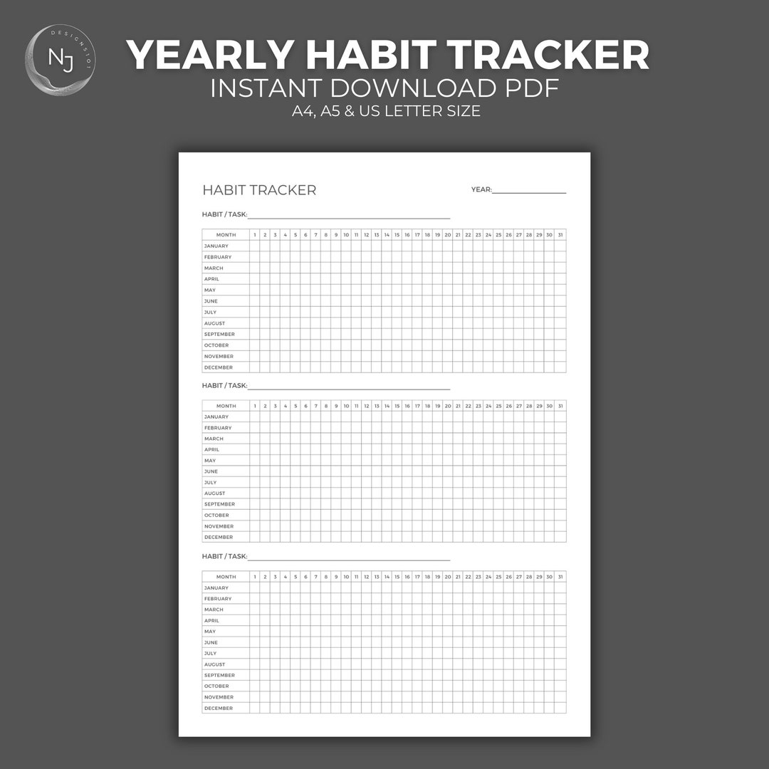 Minimal Yearly Habit Tracker Printable, Yearly Habit Tracking Challange ...