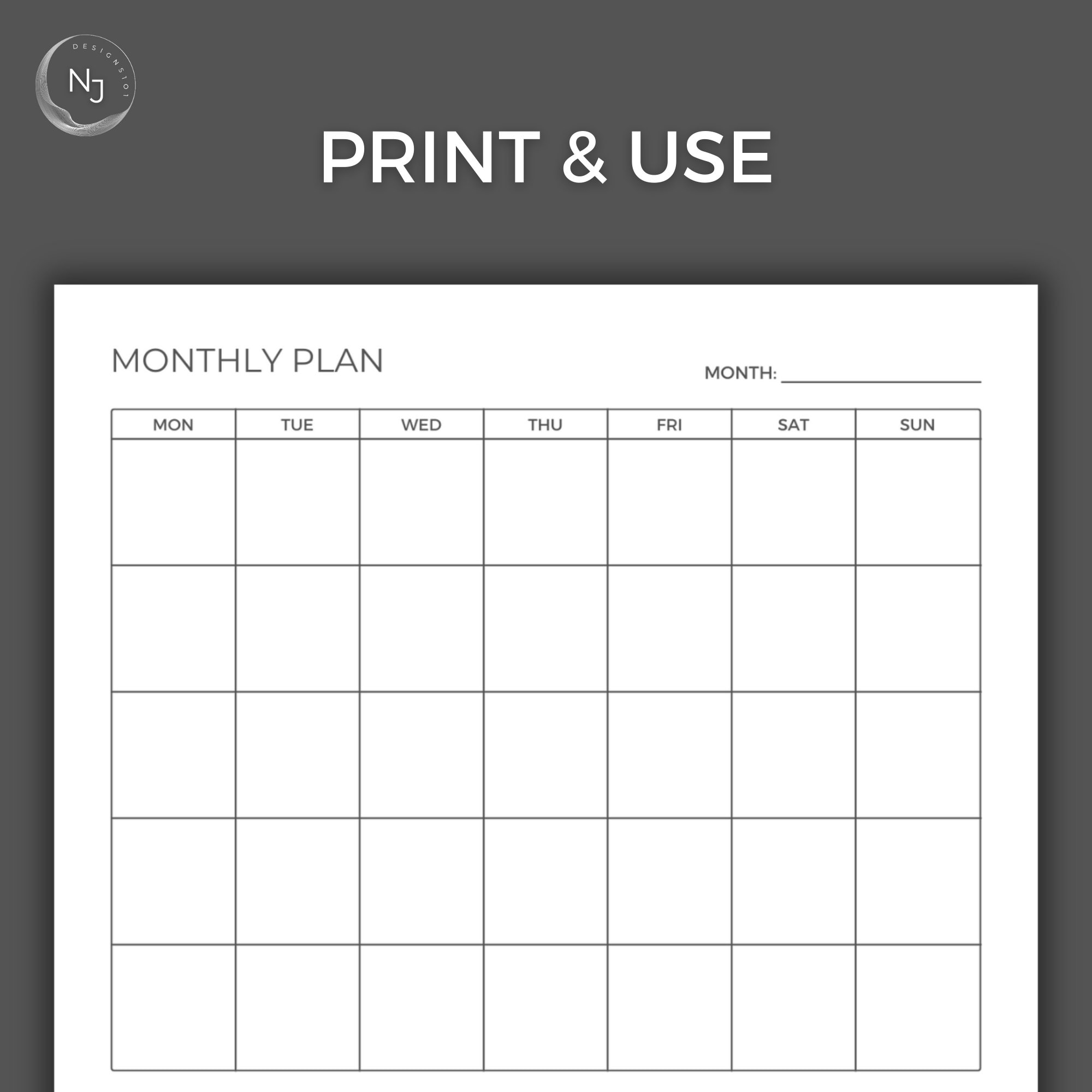 Minimal Undated Monthly Plan Printable, Monthly Planner, Month at A ...