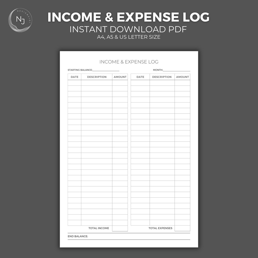 Minimal One-page Income and Expense Log Printable, Income and Expense ...